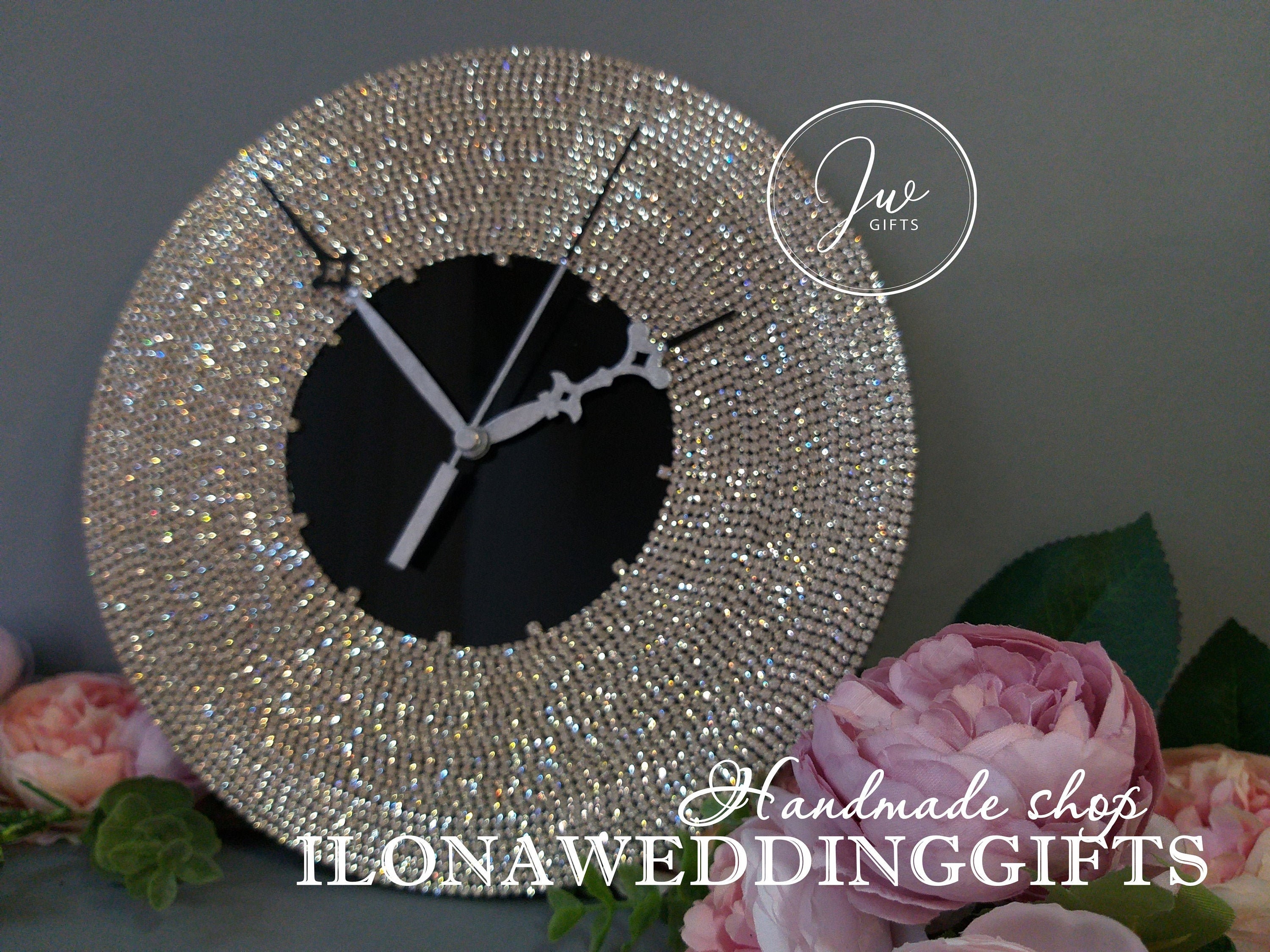Swarovski Crystal Bling White Wall Clock Clear Silver Rhinestones ...