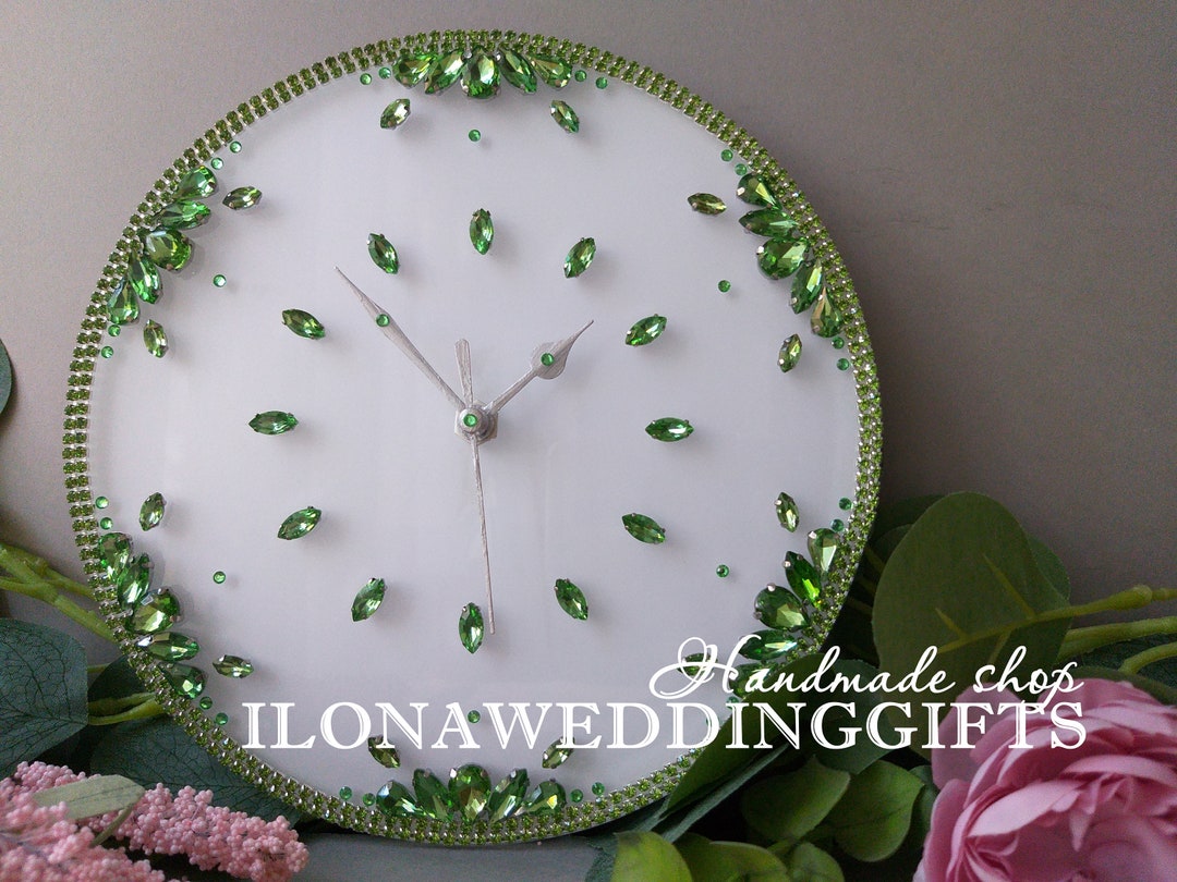 Green Wall Clock Bling Swarovski Crystals Diamond Silent Home Decor ...