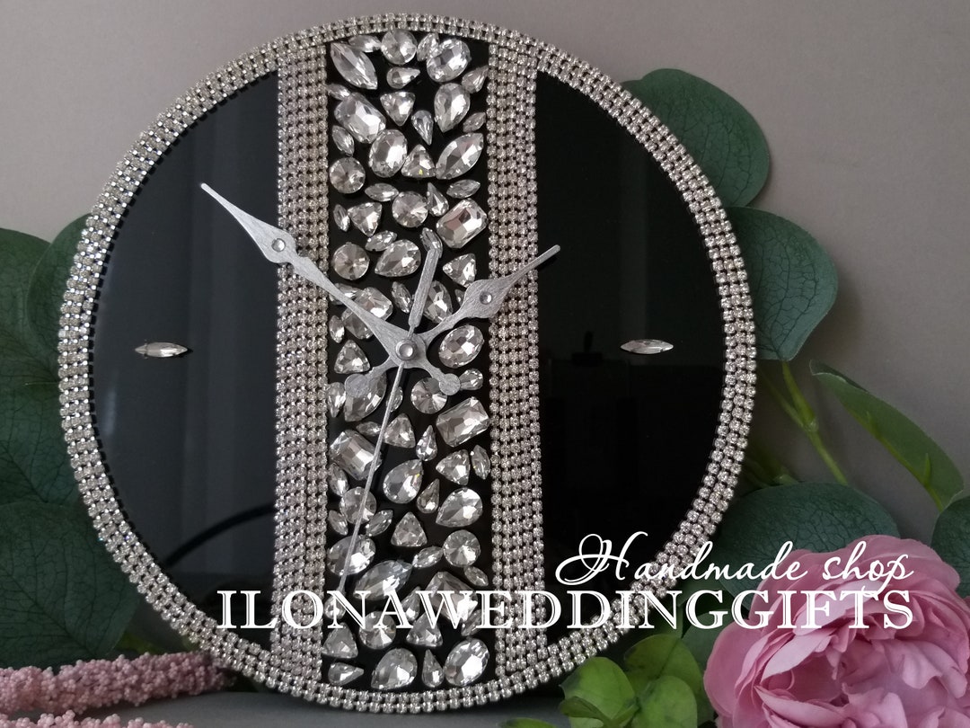 Bling Black Clock Wall Desk Silent Swarovski Crystals Modern Aesthetic Decor Decorative Elegant ...
