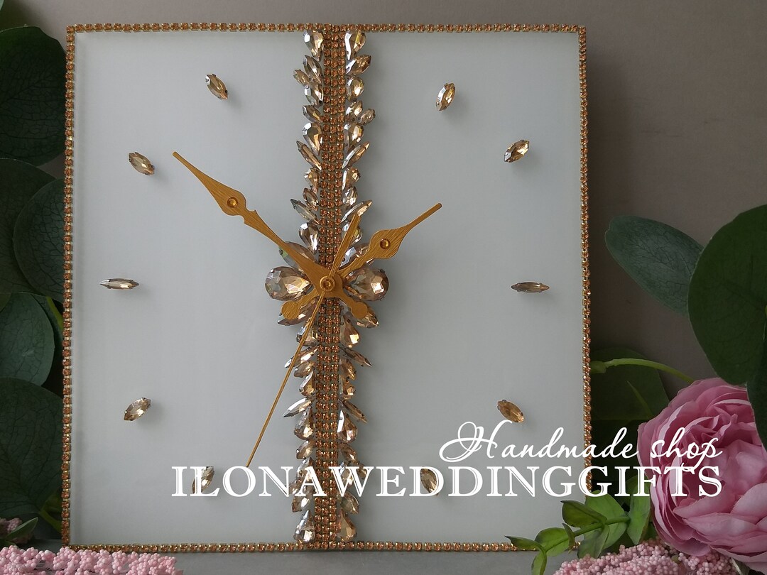 White Square Clock Bling Swarovski Crystal Custom Silent Home Wall ...