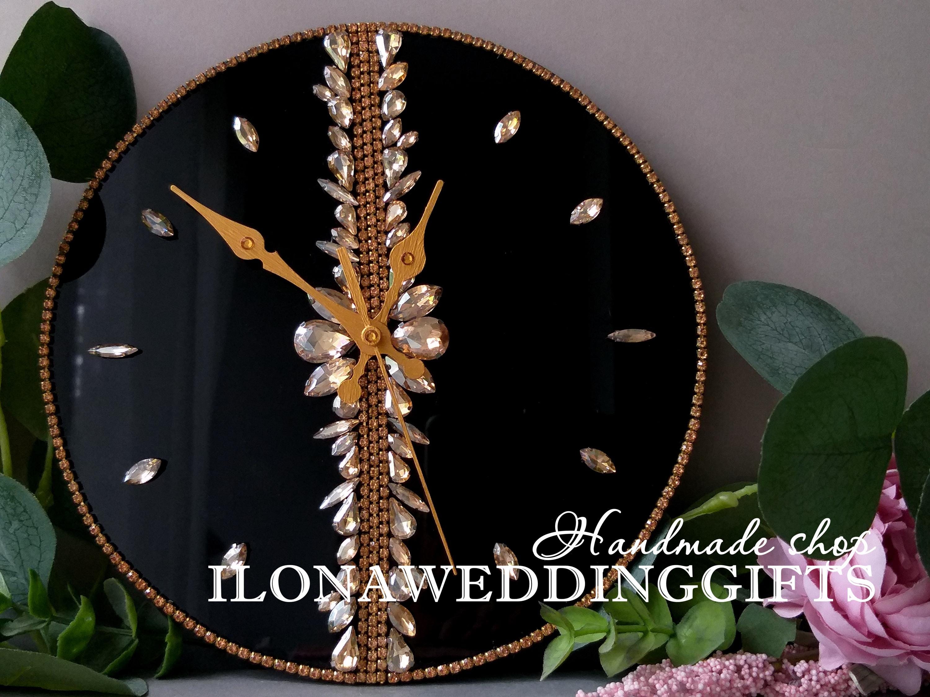 Black Wall Clock Bling Swarovski Crystal Silent House Decor Decorative ...