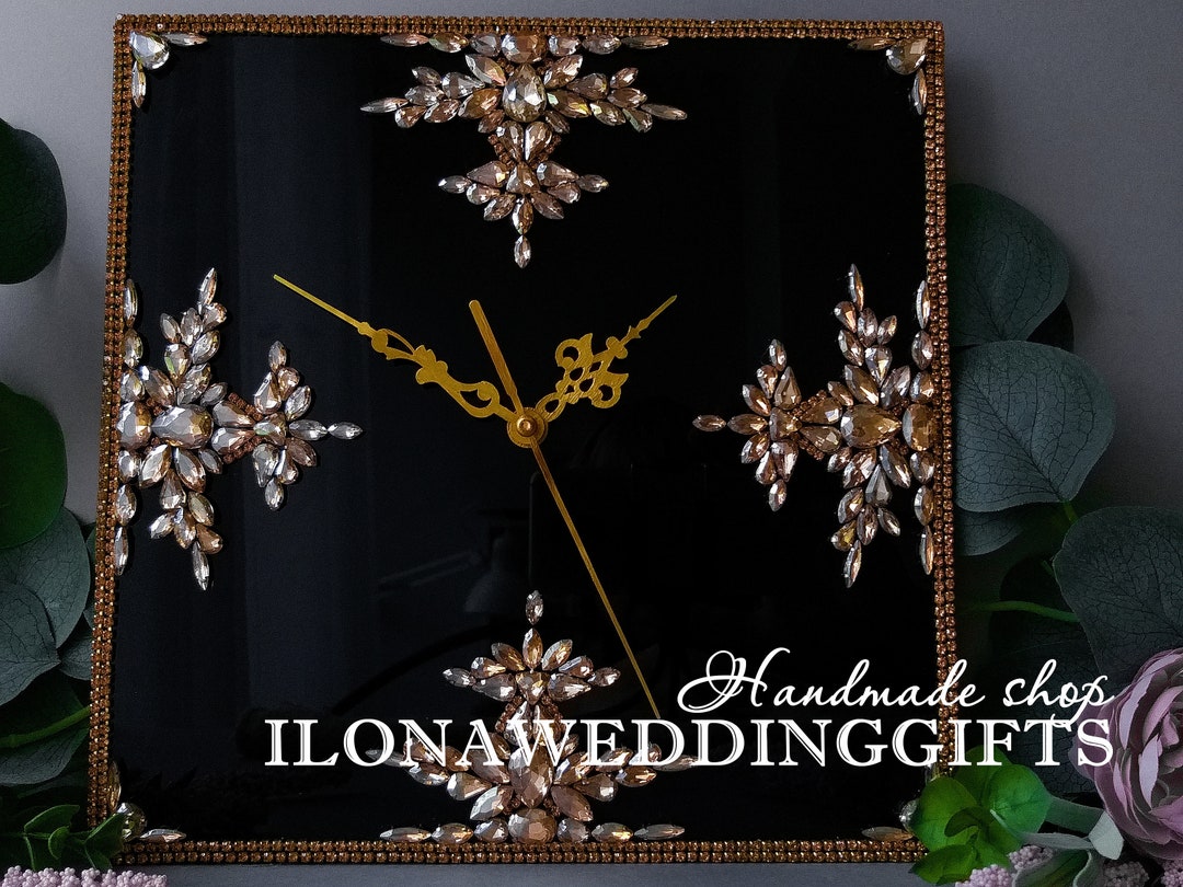 Black Wall Clock Bling Swarovski Crystal Silent House Decor Decorative ...
