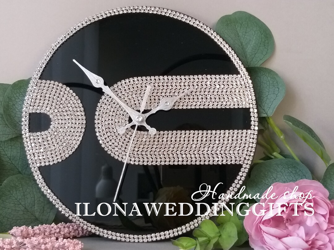 Black Wall Clock Bling Swarovski Crystal Silent House Decor Decorative ...