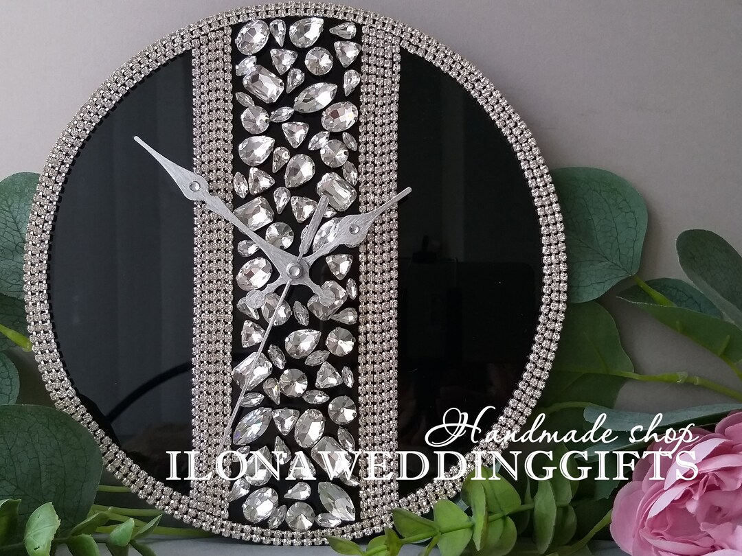 Black Wall Clock Bling Swarovski Crystal Silent House Decor Decorative ...