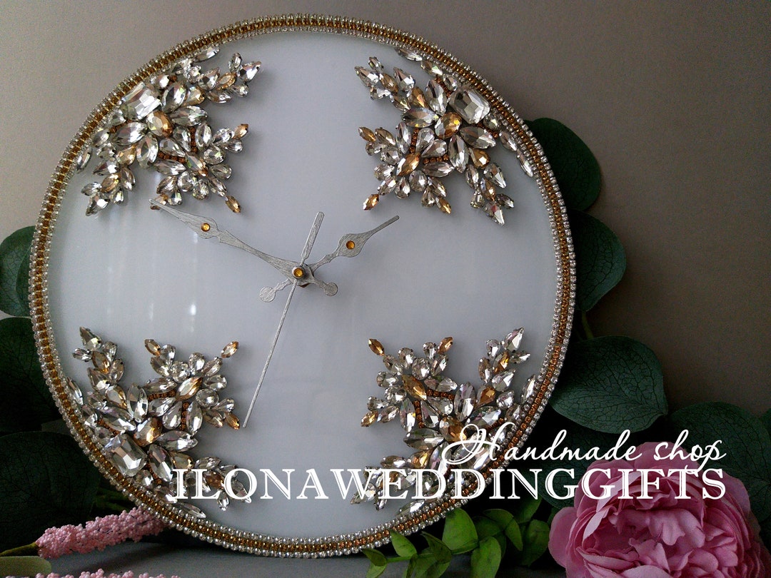 White Silver Wall Clock Bling Swarovski Crystal Custom Silent House ...