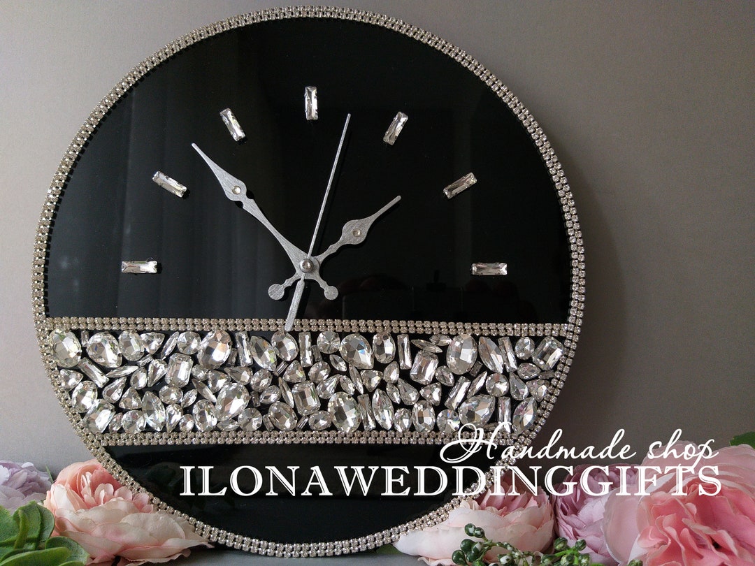 Bling Black Wall Clock Desk Silent Swarovski Crystals Modern Aesthetic Decor Decorative Elegant ...