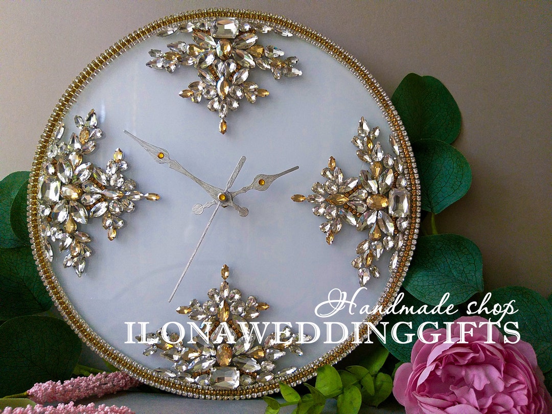 White and Gold Clock Wall Desk Bling Sparkly Swarovski Crystals Silent ...