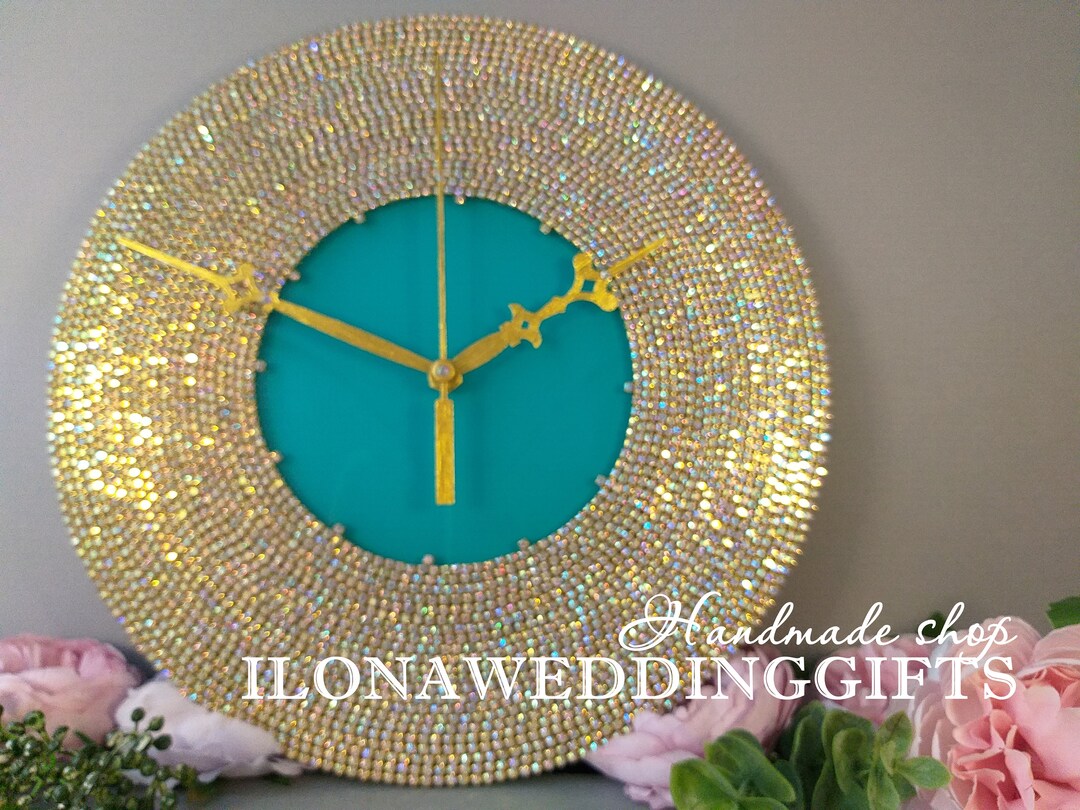 Turquoise Wall Clock Swarovski Crystals Bling Silent Glass Decor ...