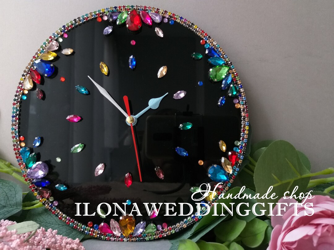 Modern Black Wall Clock Desk Silent Bling Swarovski Crystals Aesthetic Decor Decorative Elegant ...