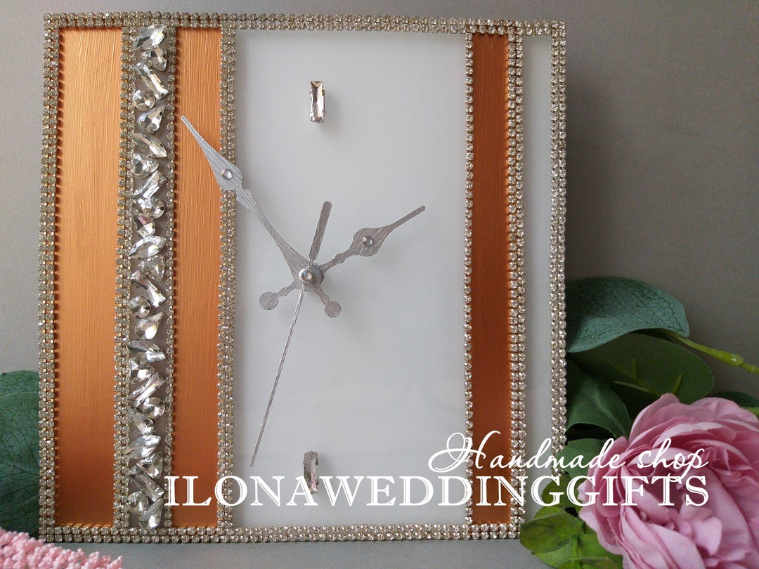 White Square Clock Bling Swarovski Crystal Custom Silent Home Scandi ...