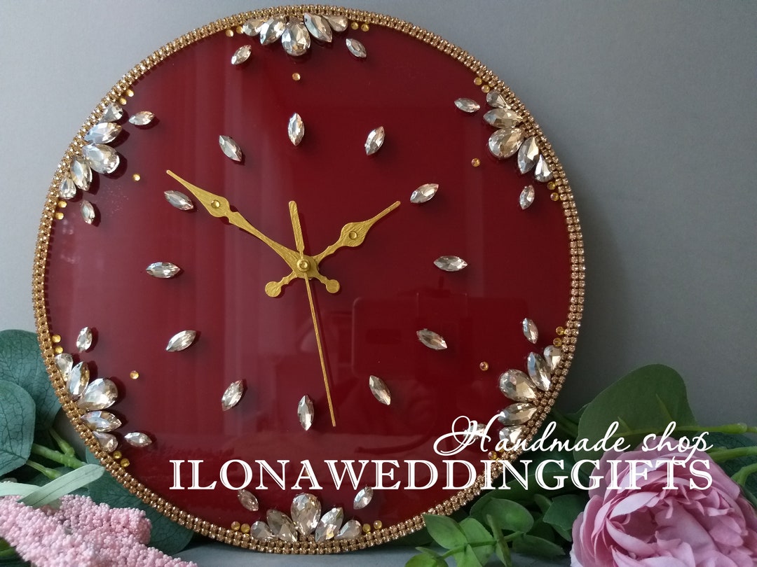 Red Gold Clock Wall Desk Silent Swarovski Crystal Ideal Home Decor ...