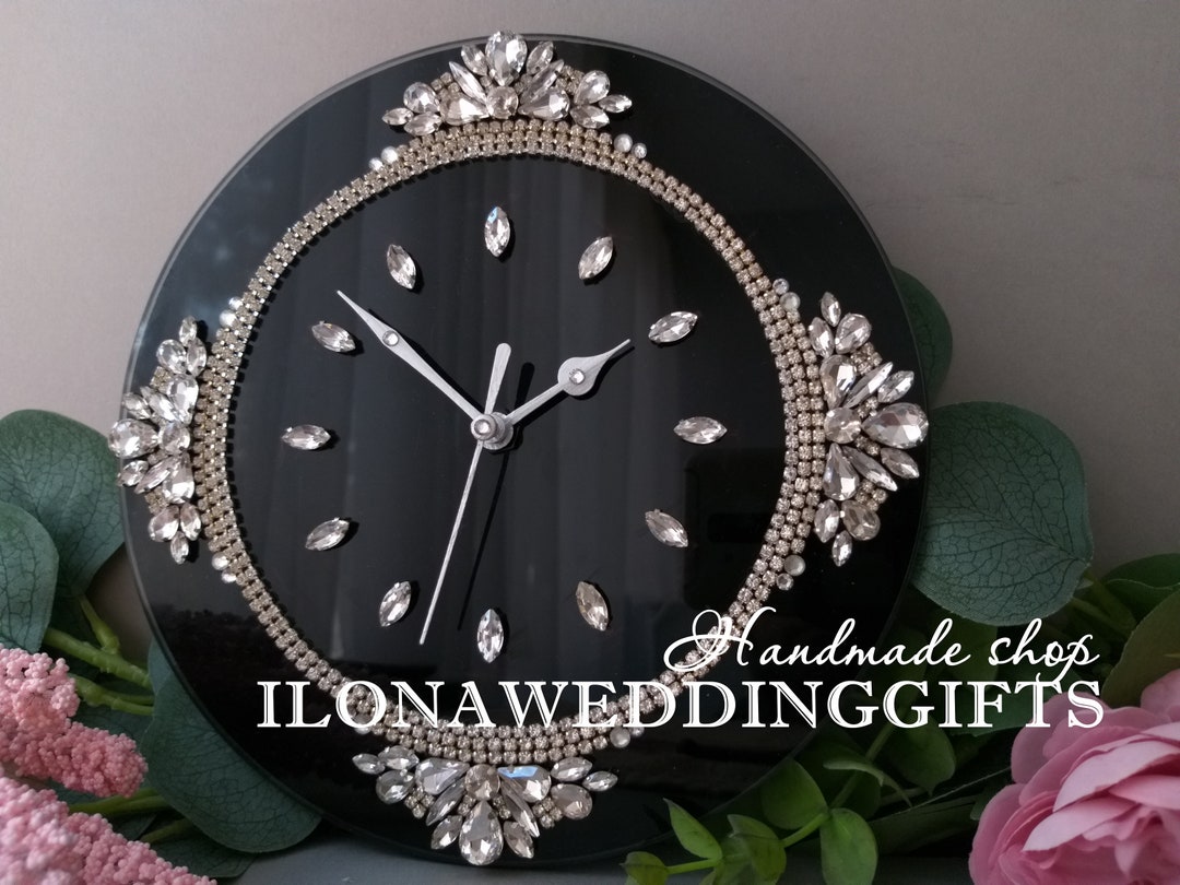 Modern Black Clock Swarovski Crystal Bling Silent Round Wall Art Decor ...