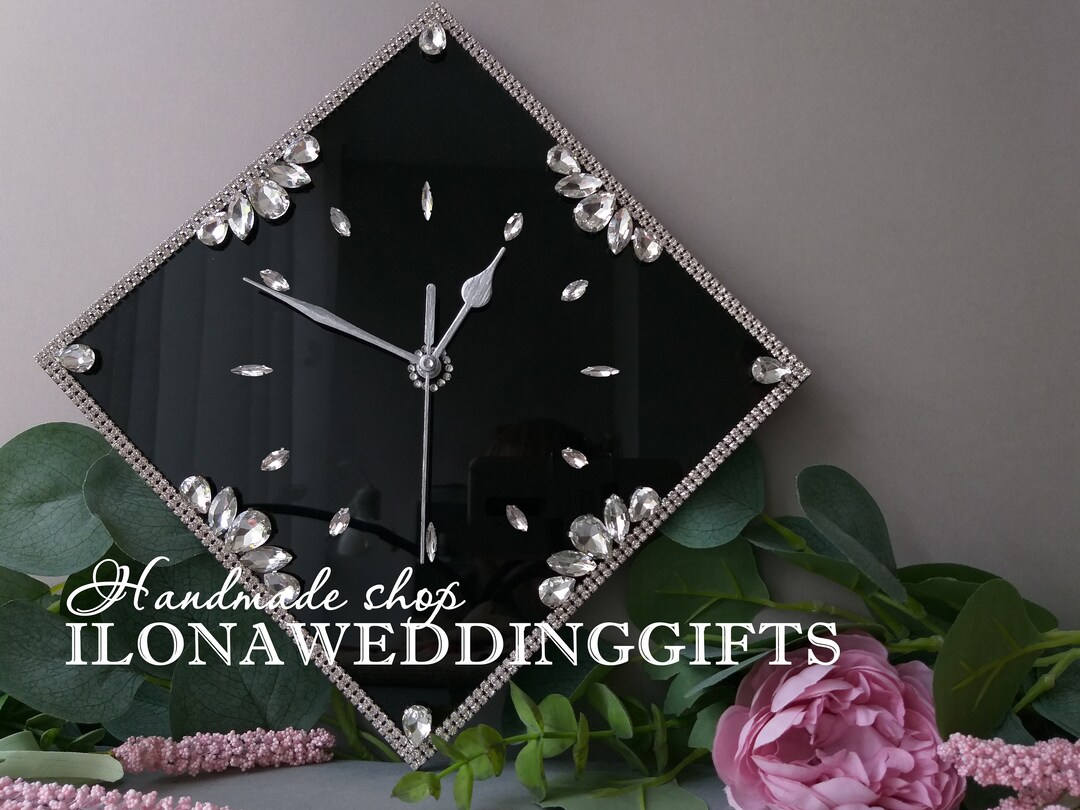 Black Wall Clock Bling Swarovski Crystal Silent House Decor Decorative ...