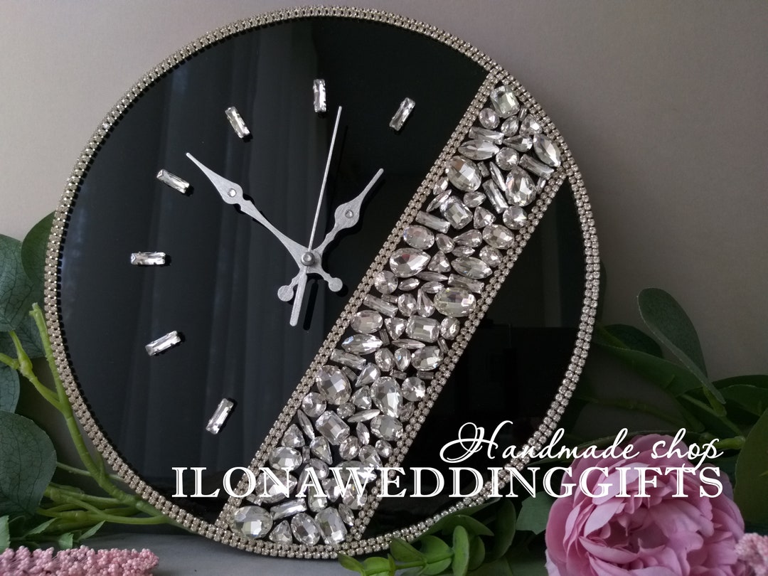 Bling Black Wall Clock Desk Silent Swarovski Crystals Modern Aesthetic ...