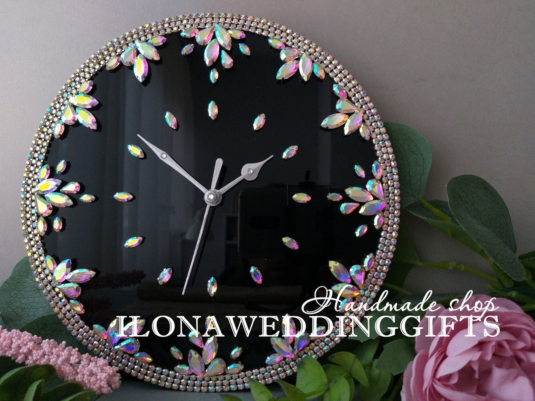 Modern Black Wall Clock Desk Silent Bling Swarovski Crystals Aesthetic Decor Decorative Elegant ...