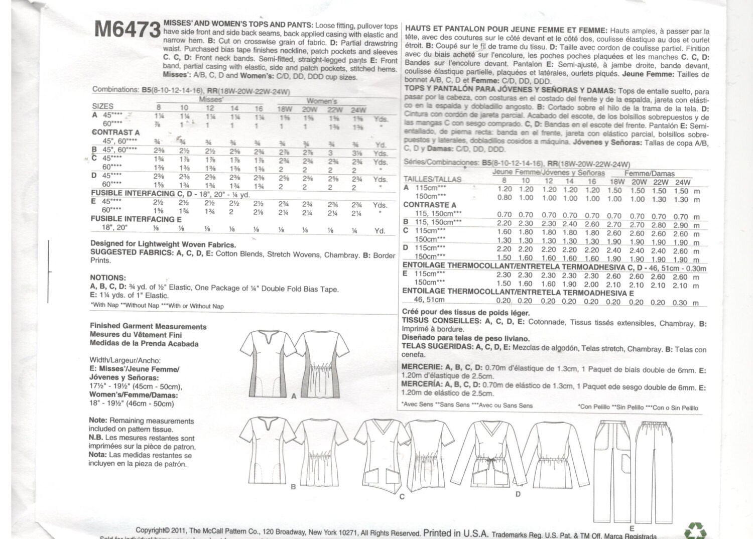Mccall's 6473 Size 18w, 20w, 22w, 24w. Scrubs Sewing Pattern for Plus ...