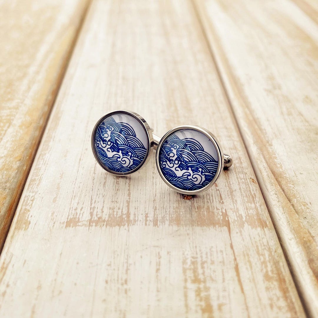 Wave Blue-and-white Pattern Style Cuff Links: Stainless Steel Sea ...