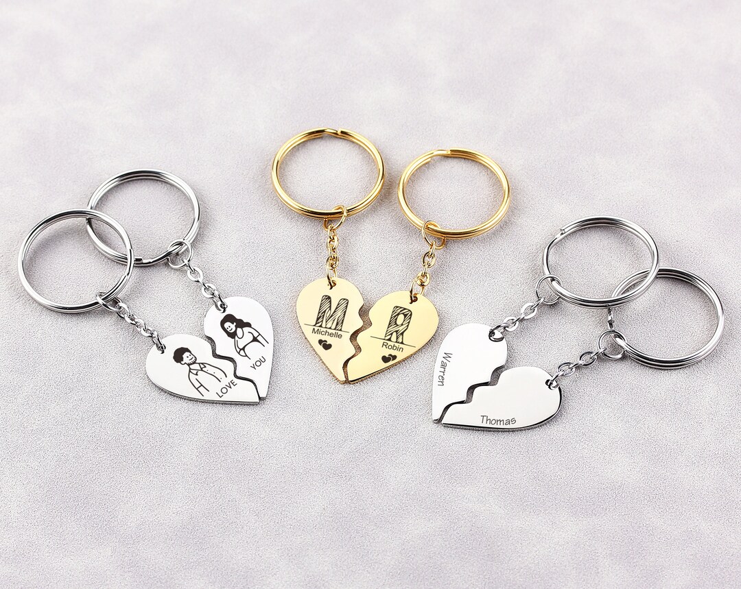Personalized Couple Keychain Set, Custom Heart Keychain, 2 Pcs Matching ...