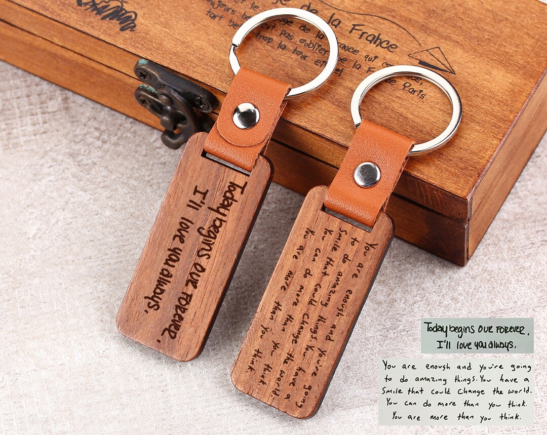 Engraved Custom Wood Keychain With Handwriting, 5th Wooden Anniversary ...