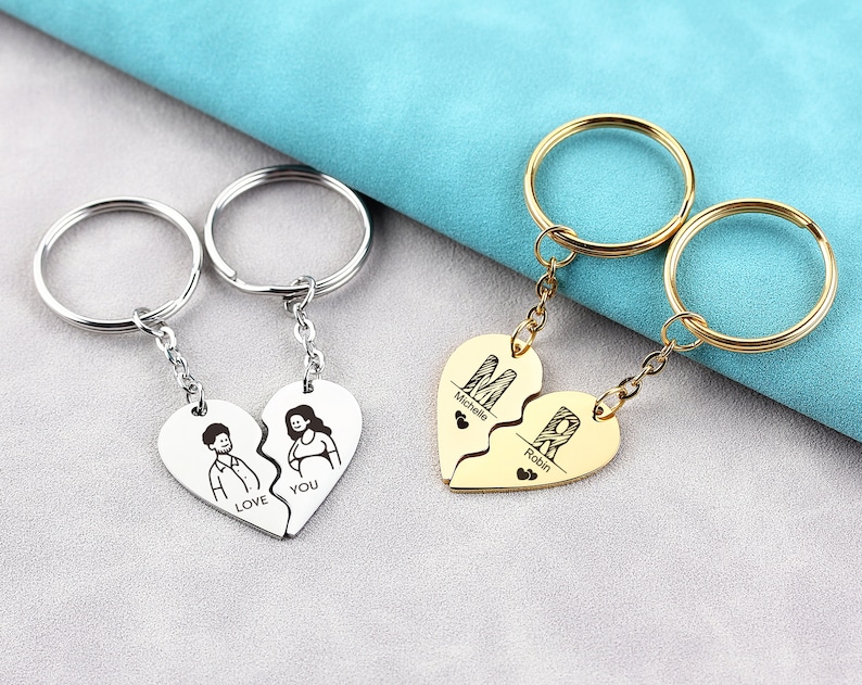 Personalized Couple Keychain Set, Custom Heart Keychain, 2 Pcs Matching ...