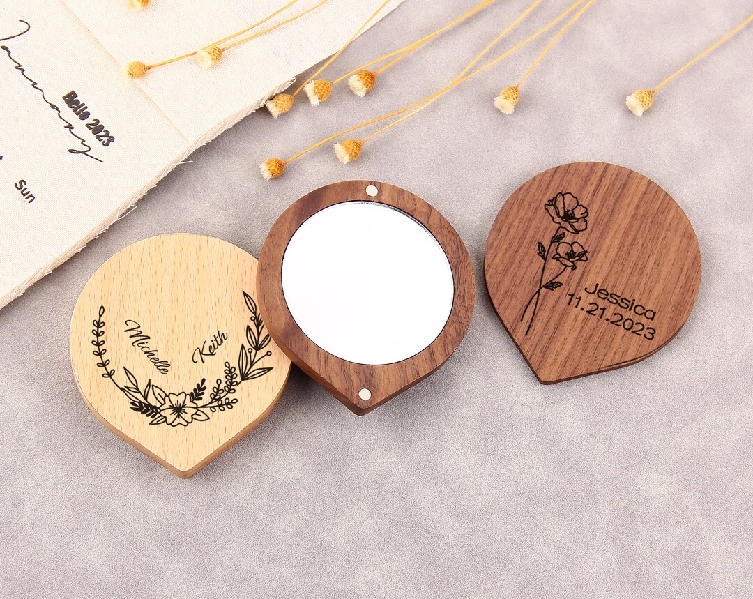 Pesonalized Small Wood Mirror, Birth Flower Pocket Mirror, Makeup ...