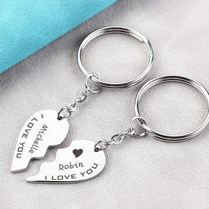 Personalized Couple Keychain Set, Custom Heart Keychain, 2 Pcs Matching ...