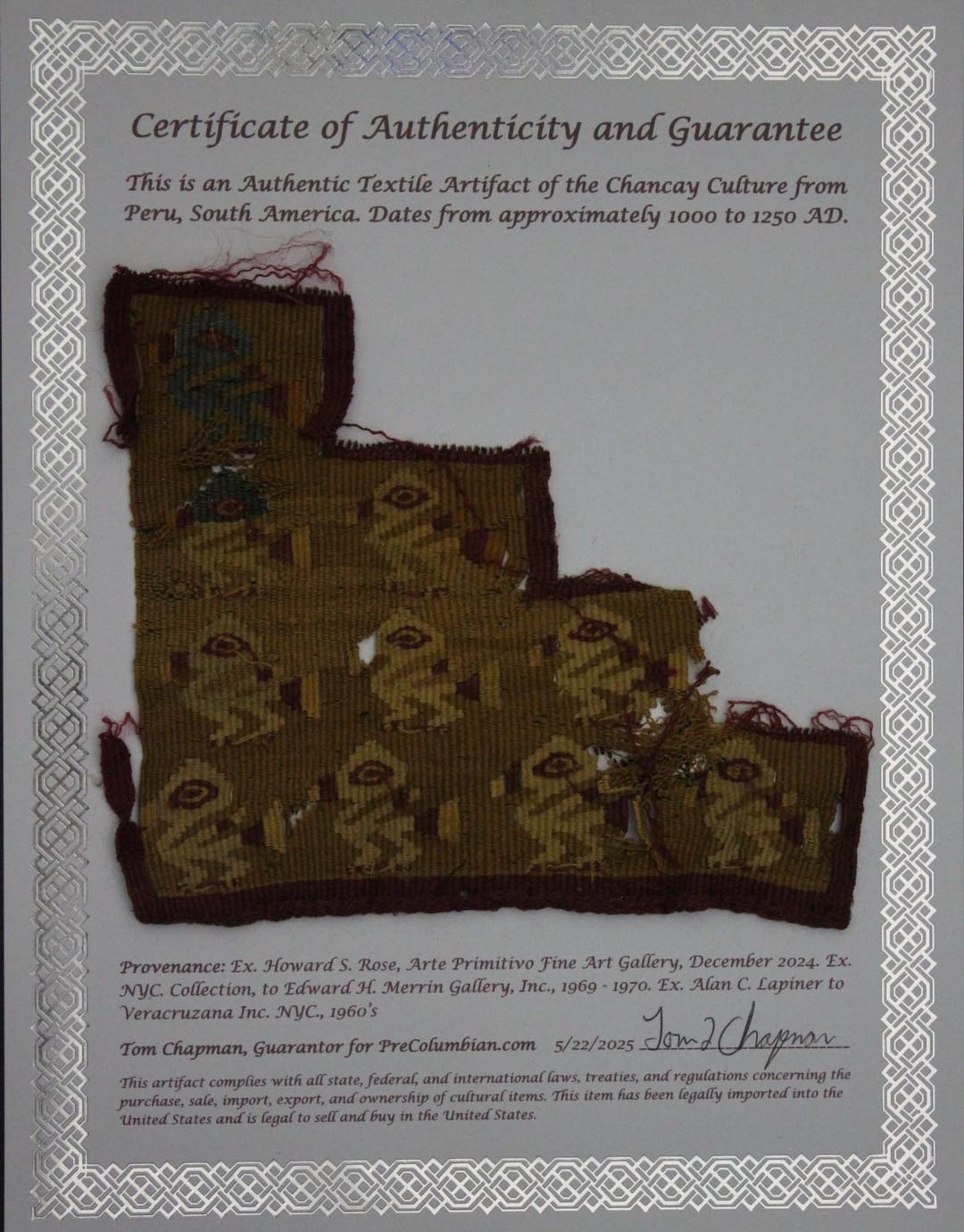 Pre Columbian Authentic Artifact Frameable Textile Border Chancay Peru ...