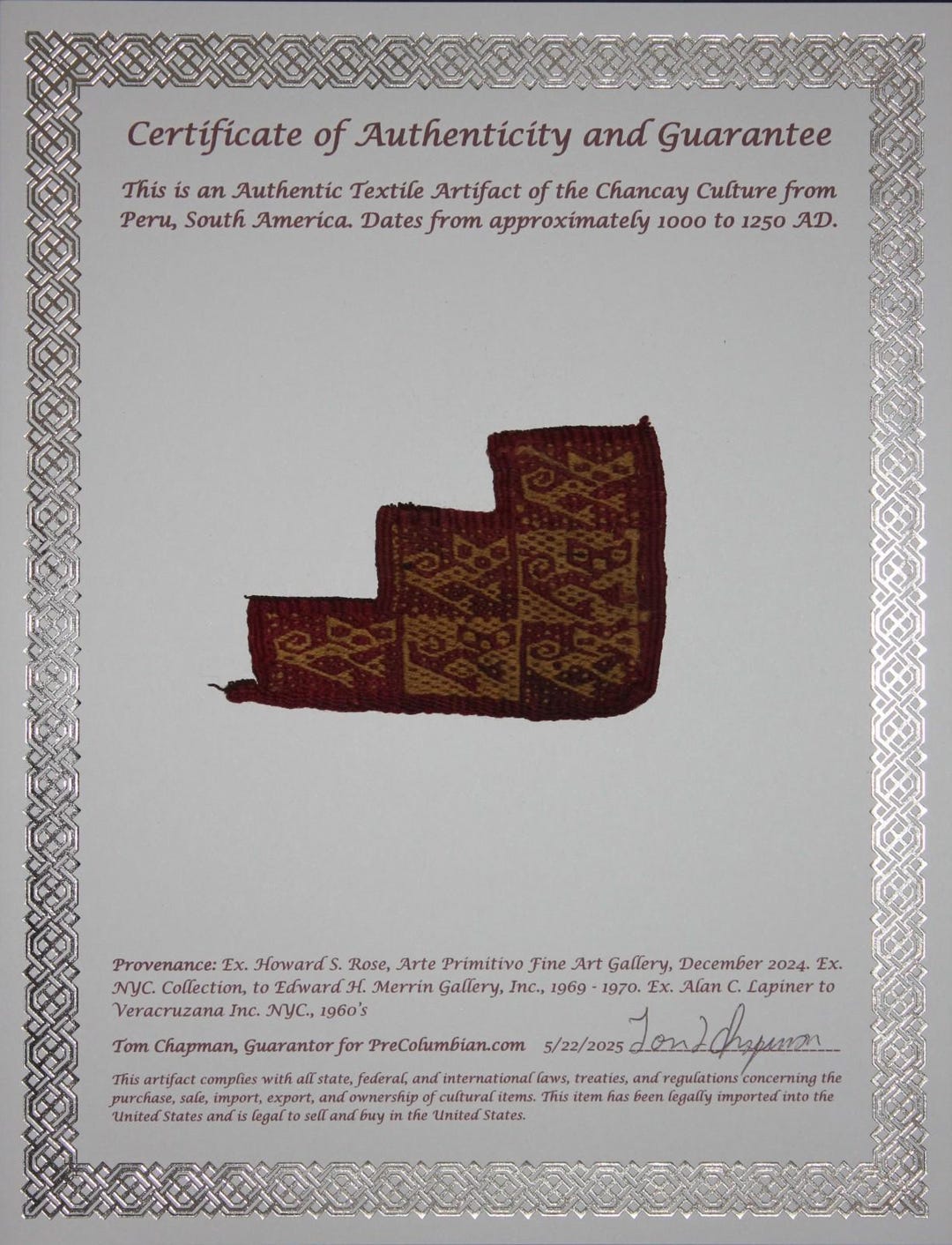 Pre Columbian Authentic Artifact Frameable Textile Border Chancay Peru ...