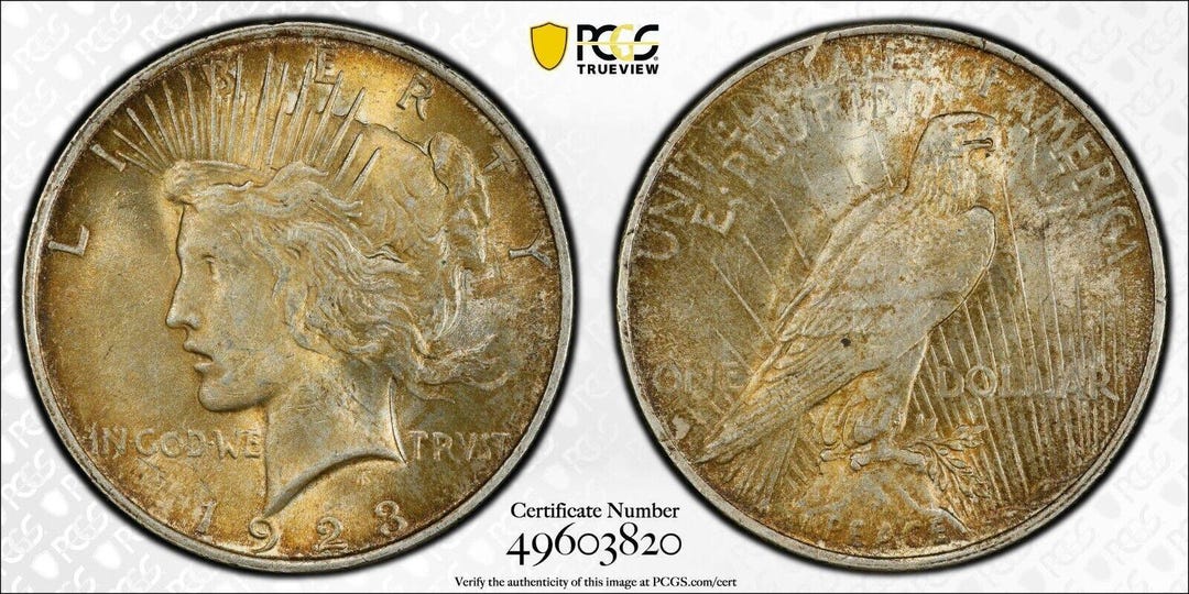 Toned 1923 P MS 62 Peace Silver Dollar PCGS Graded Certified Authentic ...