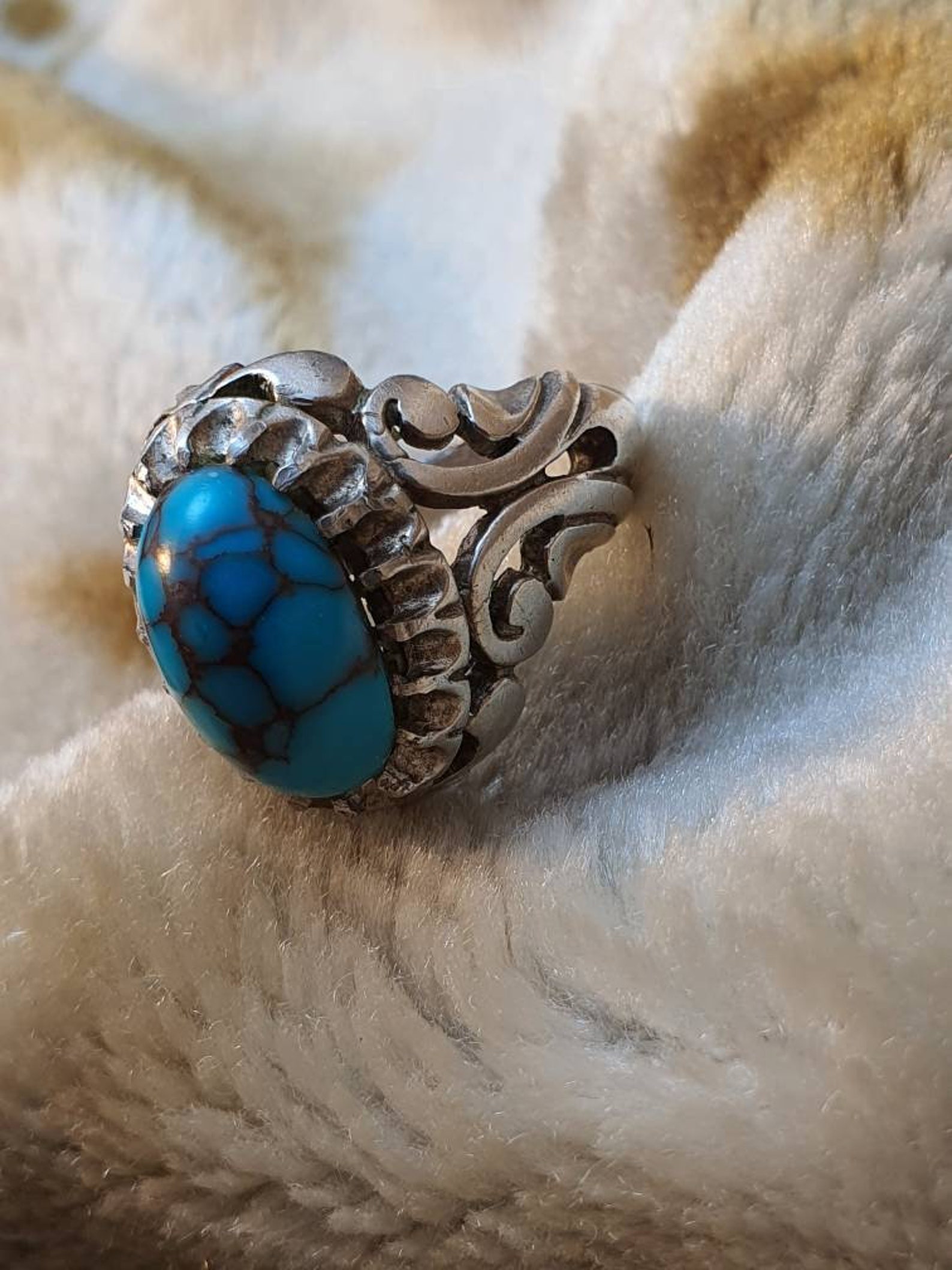Feroza Ring Real Turquoise Unheated Original Dark Color Spider | Etsy