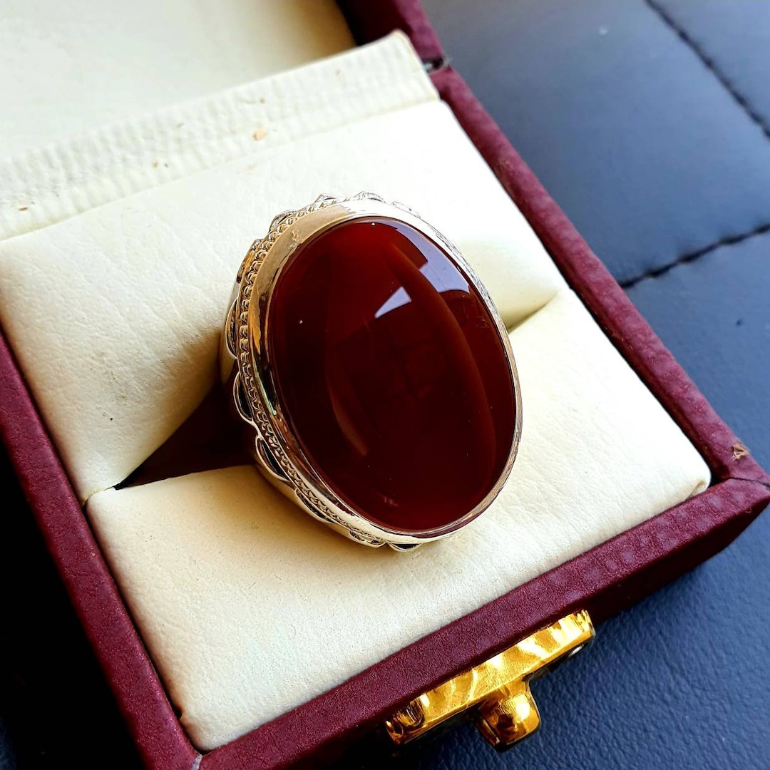 Mens Red Real Aqeeq / Agate /akik Ring Sterling Silver 925 Unheated ...