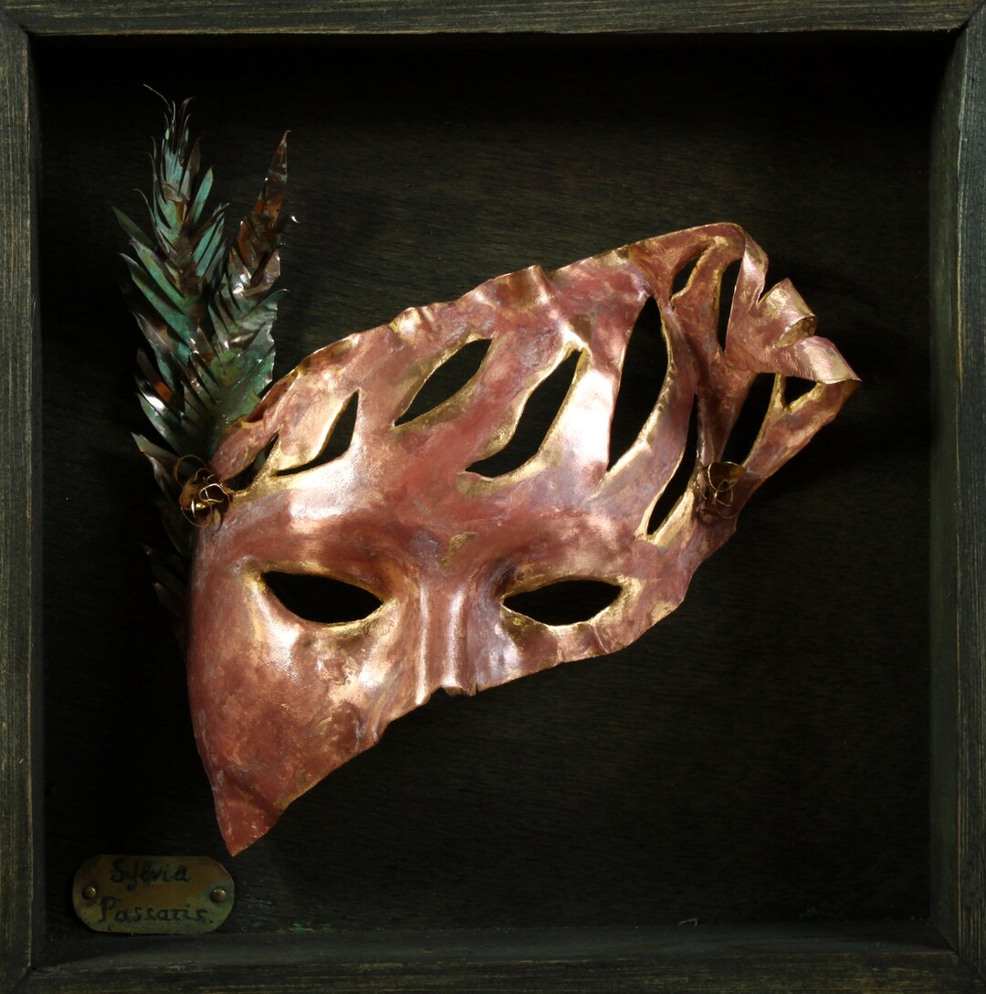 Decorative Bronze - Copper Sheet Metal Face Mask With Patina and Wooden ...