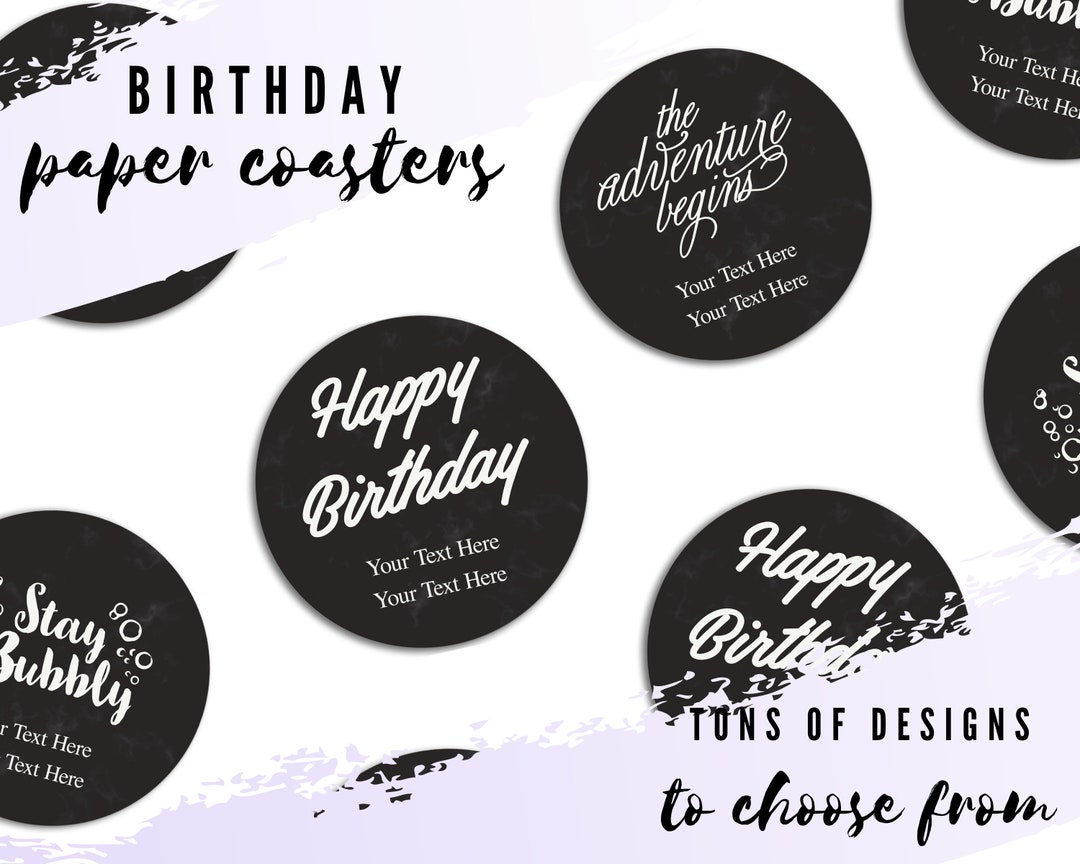 Custom Round Birthday Paper Coasters - Black Faux Marble Coasters ...