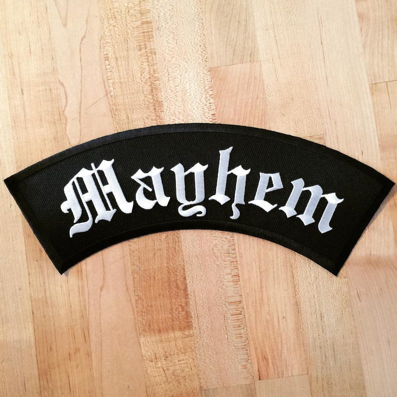 Large MAYHEM BIKER PATCH Iron-on Embroidered Applique Motorcycle Saying ...