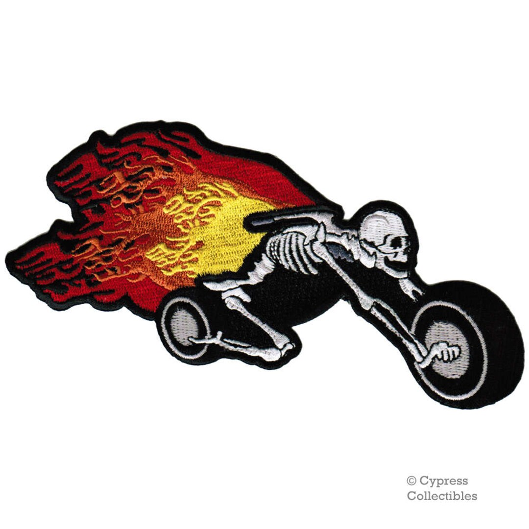 FLAMING SKULL CHOPPER Patch Iron-on Embroidered Applique 666 Evil Devil ...