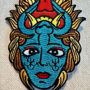 FLIP FACE PATCH Embroidered Iron-on Applique Demon Girl Optical ...