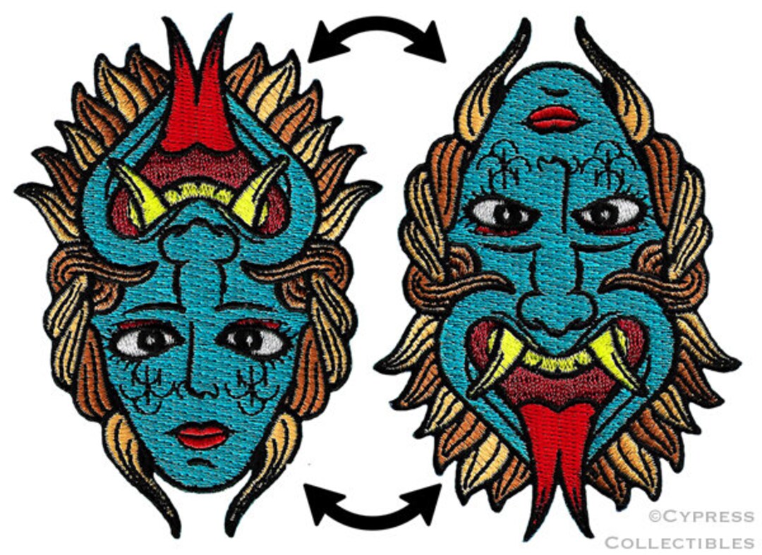 FLIP FACE PATCH Embroidered Iron-on Applique Demon Girl Optical ...