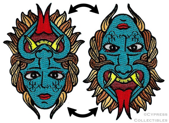 FLIP FACE PATCH Embroidered Iron-On Demon Girl Optical | Etsy