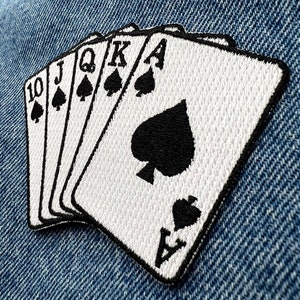ROYAL FLUSH PATCH Iron-on Embroidered Playing Card Ace of Spades Poker ...