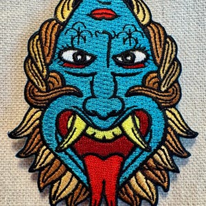 FLIP FACE PATCH Embroidered Iron-on Applique Demon Girl Optical ...