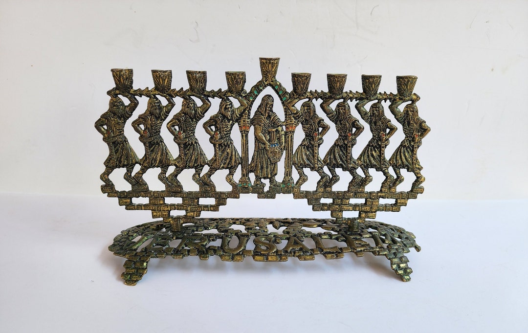 Brass Menorah Hanukkah Maccabee Soldiers, Vintage Judaica Made in ...