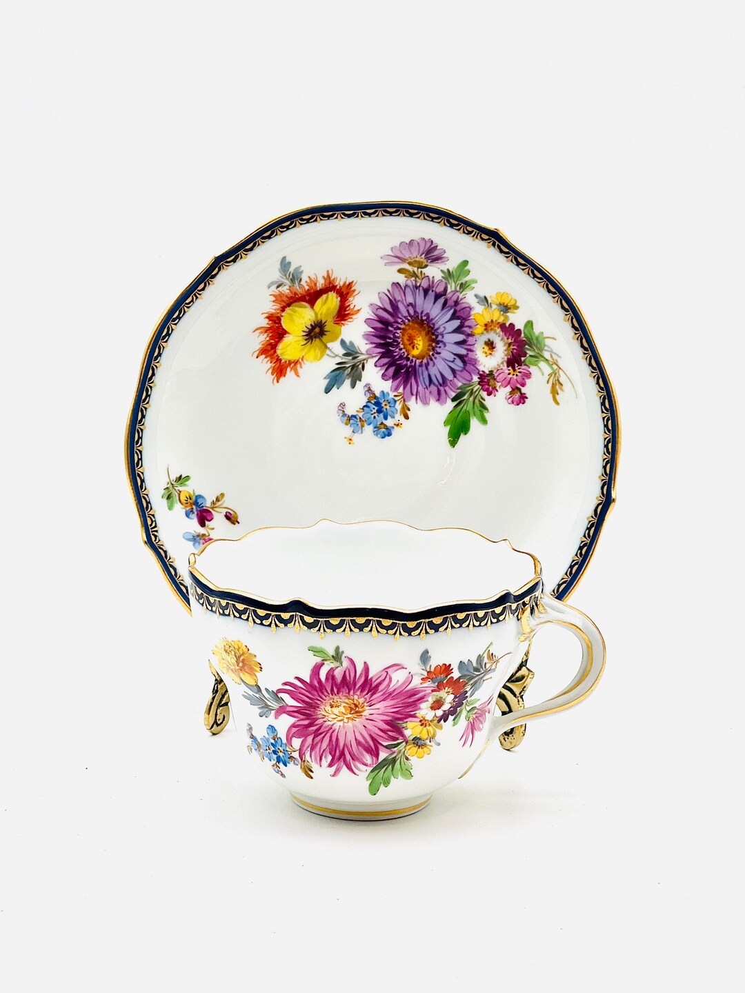 Antique Meissen Cup and Saucer Floral Cobalt Gold Hand Painted ...