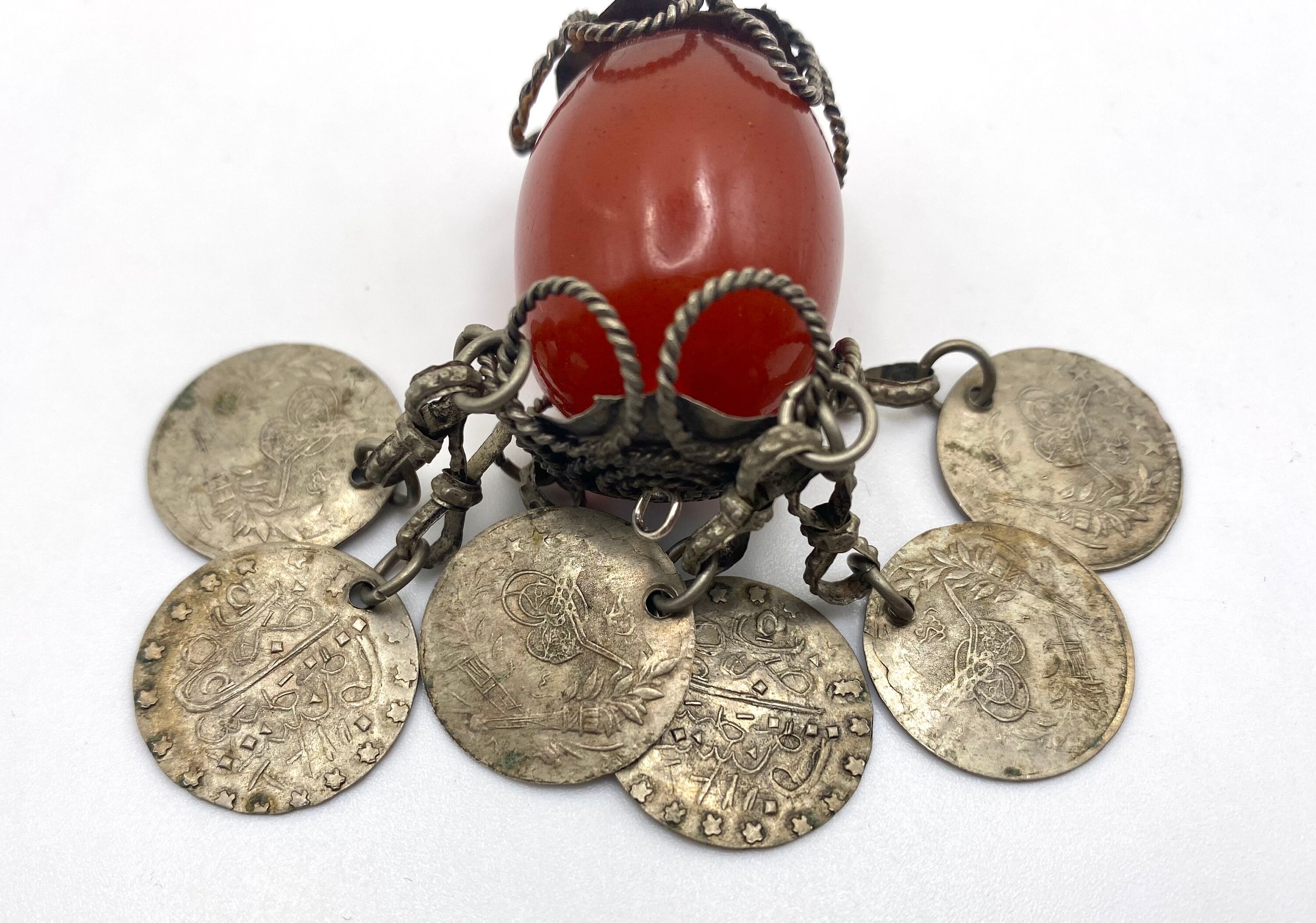 Vintage Coins Faux Amber Pendant Filigree Jewelry Yellow Plastic Ethnic ...
