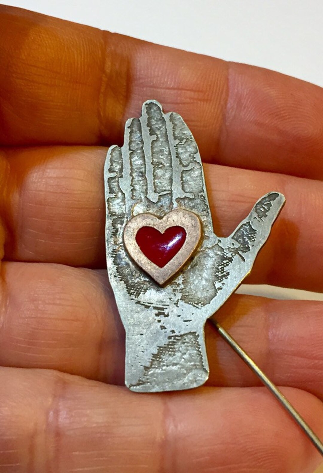 Vintage Heart in Hand Pin Nickel Silver Copper Red Enamel Love - Etsy