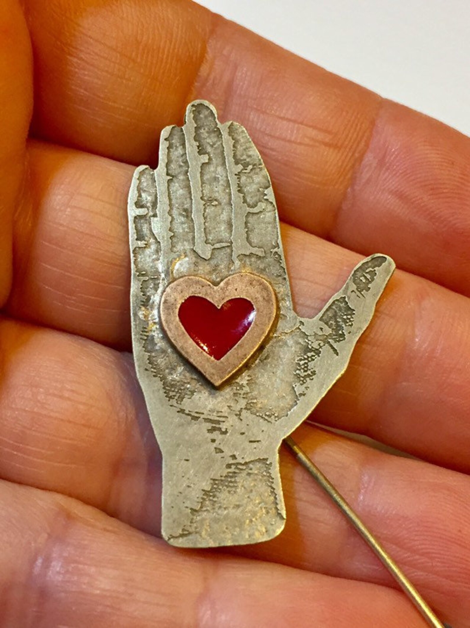 Vintage Heart in Hand Pin Nickel Silver Copper Red Enamel Love - Etsy