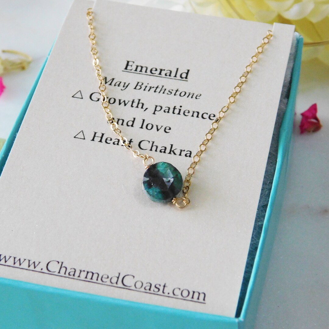 Emerald Coin Necklace, 14k Gold Filled Chain, May Birthstone, Raw ...