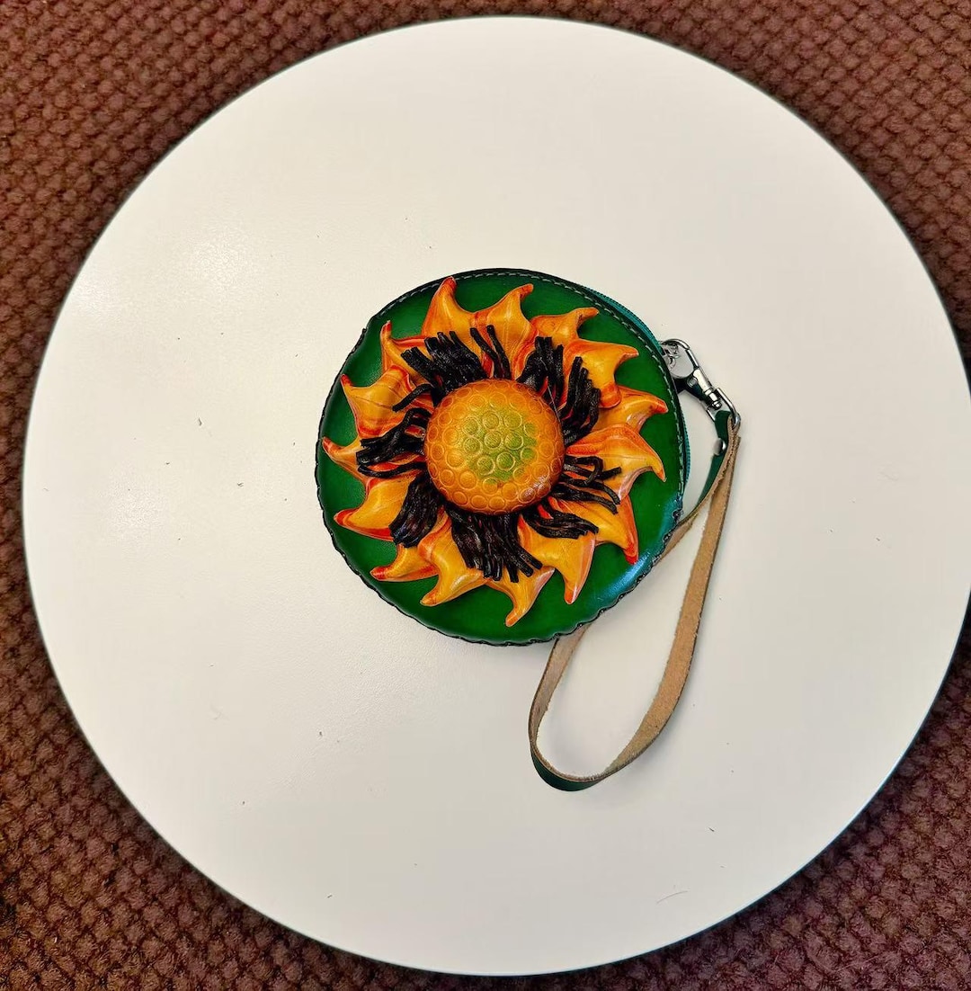 Handmade Leather Sunflower Money Coin Purse With Wrist Strap; Removable ...