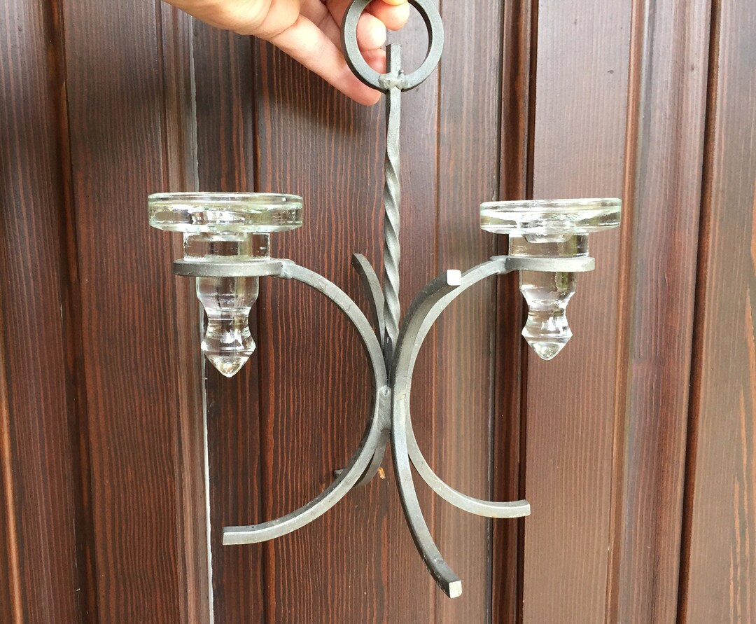 Swedish Vintage Two-arm Candle Holder With Glass Bowls; Wrought Iron ...
