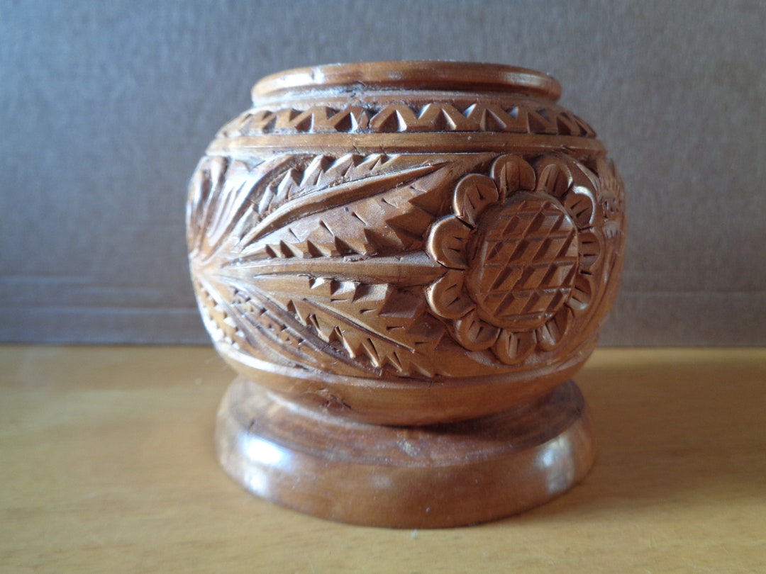 Vintage Carved Wood Pot; Vintage Home Decor; Small Natural Wood ...