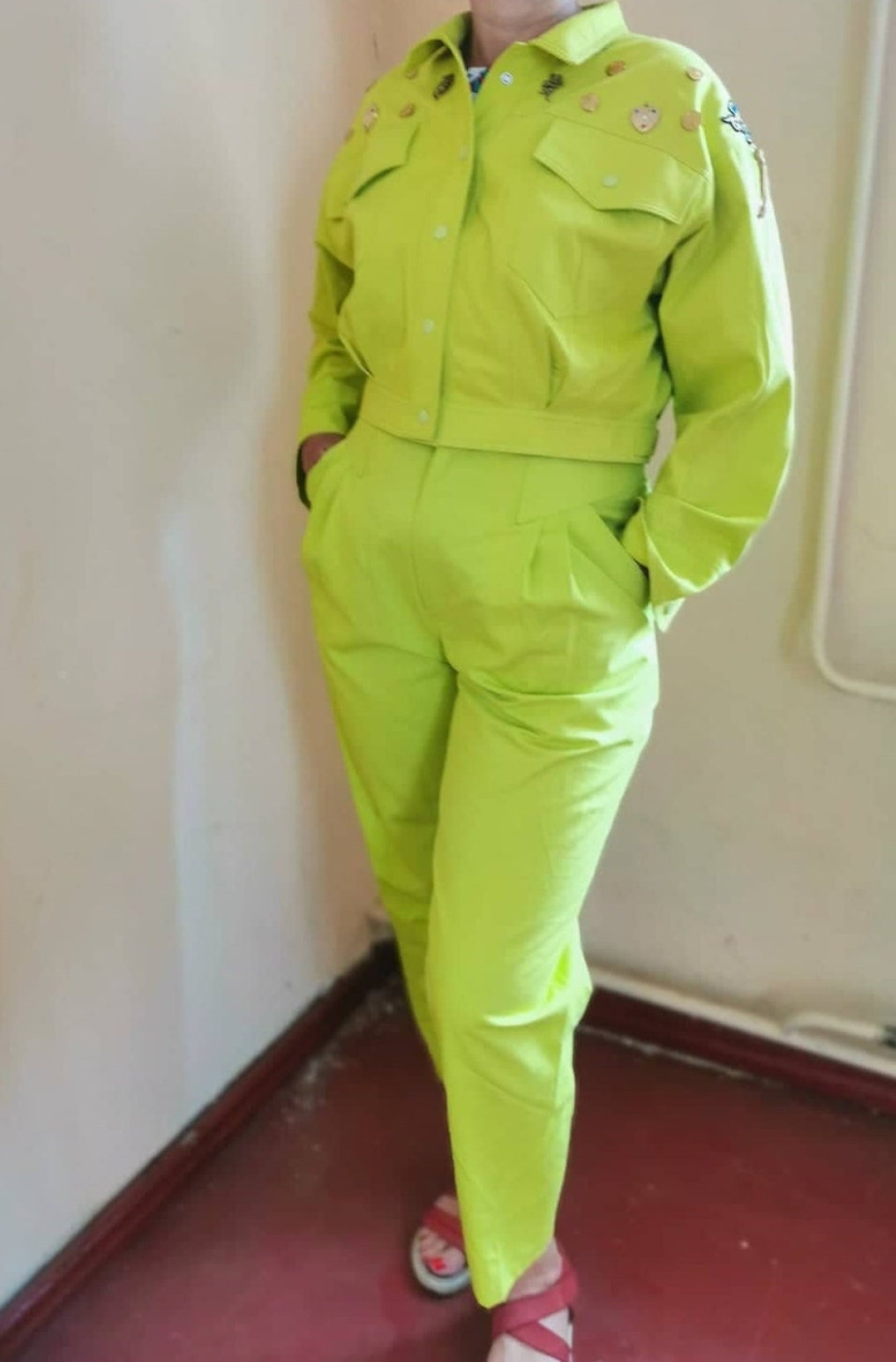 80s Vintage Pants & Short Jacket, Handmade Neon Yellow Cotton Pant Suit ...